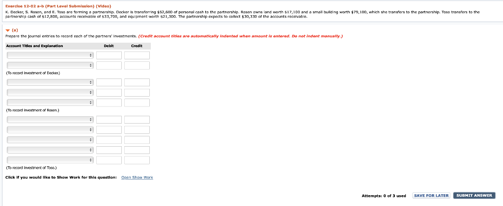 Solved t Exercise 12-02 a-b (Part Level Submission) (Video) | Chegg.com