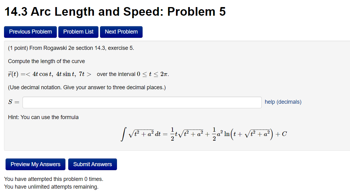 Solved 14.3 Arc Length and Speed: Problem 5 Previous Problem | Chegg.com