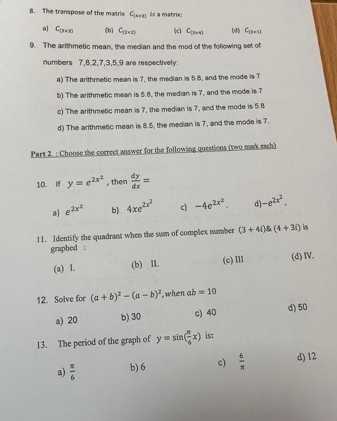 Solved 8. The transpose of the matrix \\( C_{(4 \\times 3)} | Chegg.com