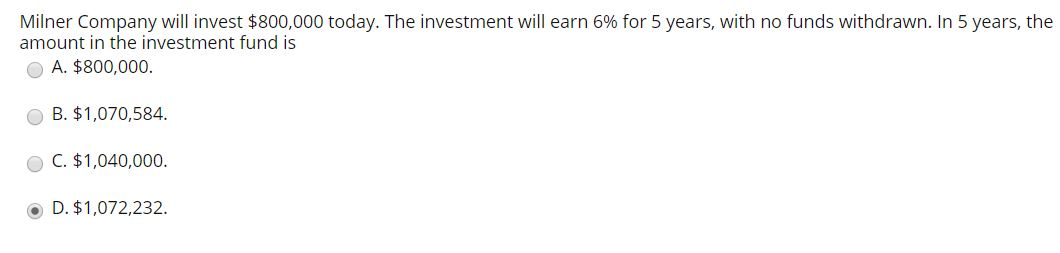 Solved Milner Company will invest $800,000 today. The | Chegg.com
