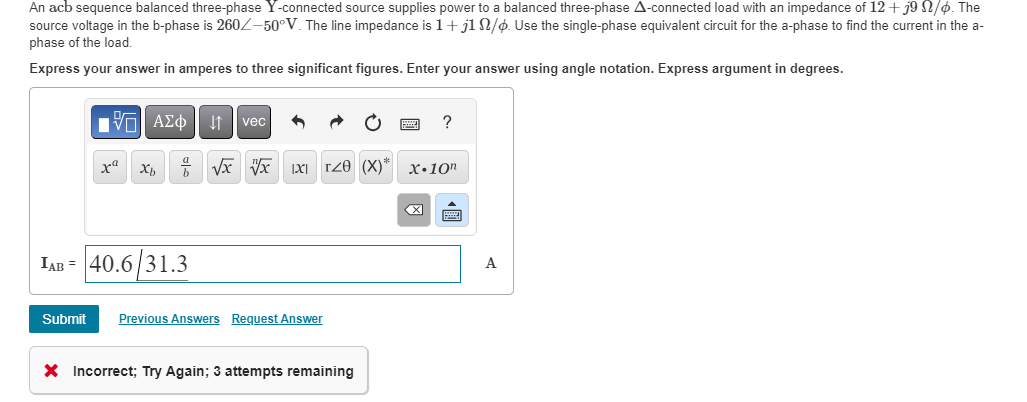 Solved An Acb Sequence Balanced Three Phase Y Connected