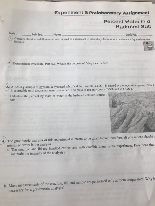 Solved Experiment 5 Prelaboratory Assignment Percent Water | Chegg.com
