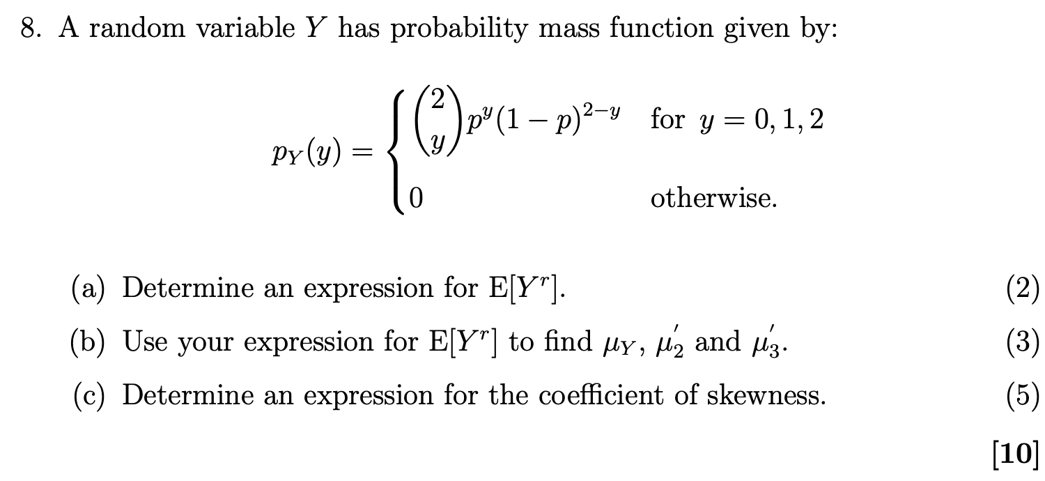 Solved 8. A random variable Y has probability mass function | Chegg.com