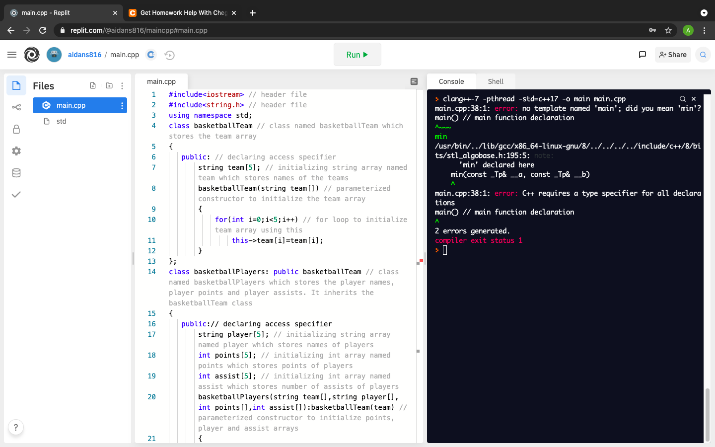 Solved main.cpp - Replit х C Get Homework Help With Cheg X + | Chegg.com