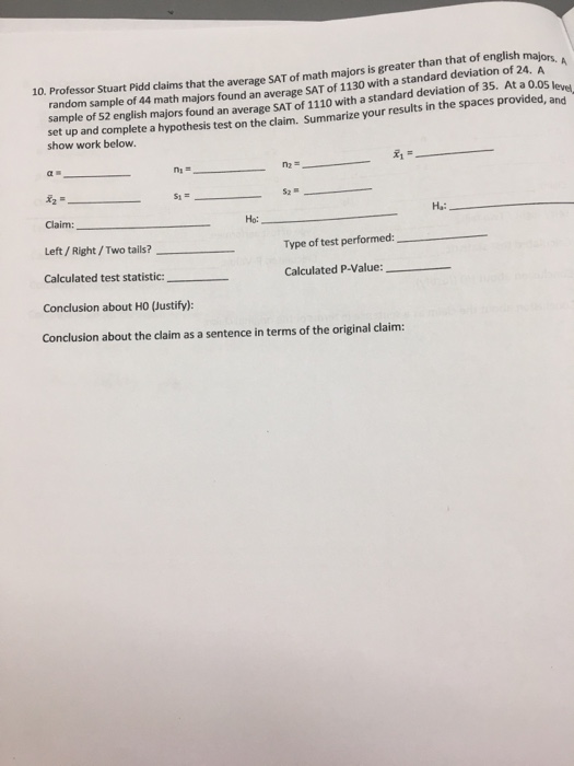 Solved Professor Stuart Pidd claims that the average SAT of | Chegg.com