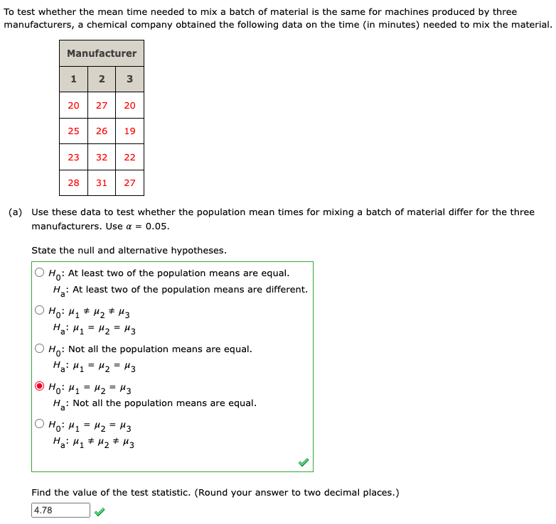 Solved To test whether the mean time needed to mix a batch | Chegg.com