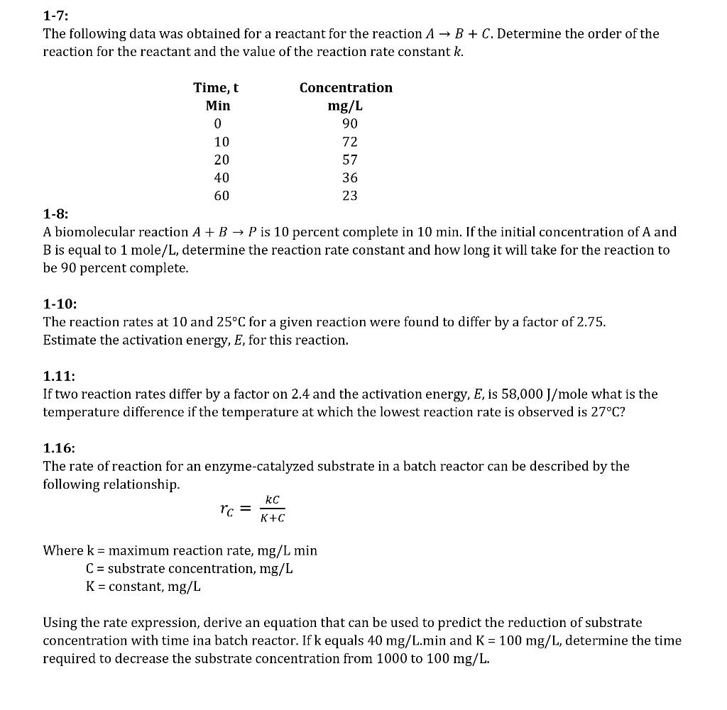 Solved 1-7: The following data was obtained for a reactant | Chegg.com