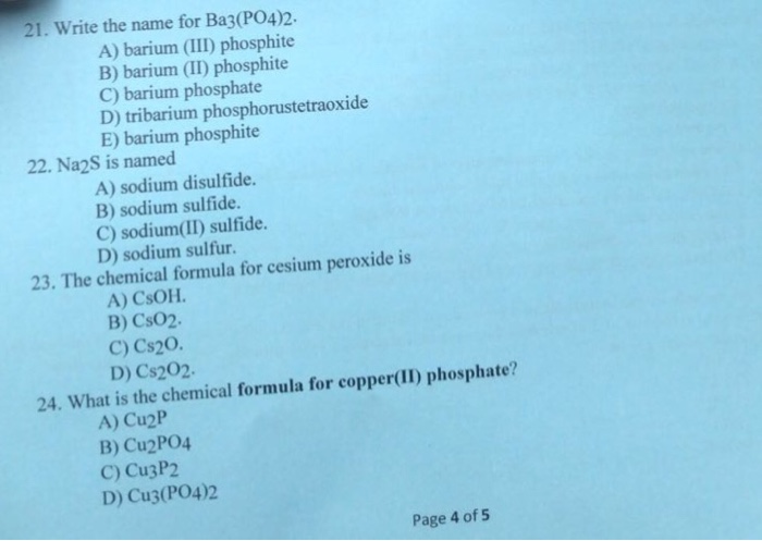 Solved 21. Write the name for Ba3(PO4)2 A) barium (III) | Chegg.com