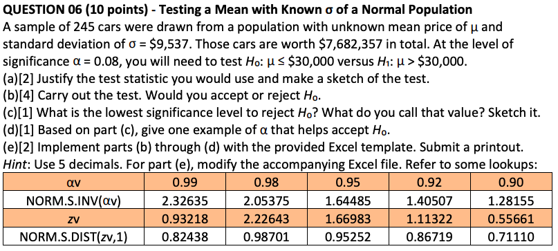 Solved QUESTION 06 (10 points) - Testing a Mean with Known o | Chegg.com