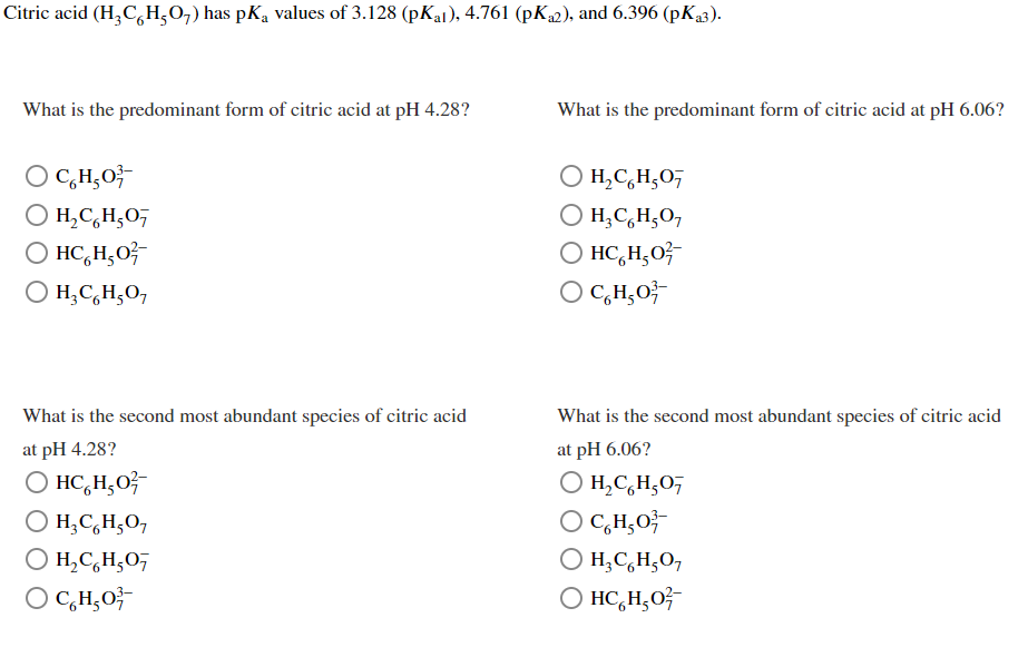 Solved Citric acid (H2CH,02) has pK, values of 3.128 (pKq1), | Chegg.com