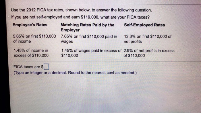 Solved Use the 2012 FICA tax rates, shown below, to answer | Chegg.com