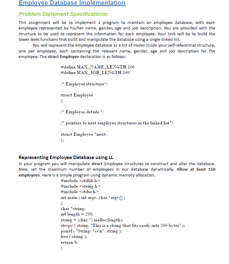 Solved Employee Database Implementation Problem Statement | Chegg.com