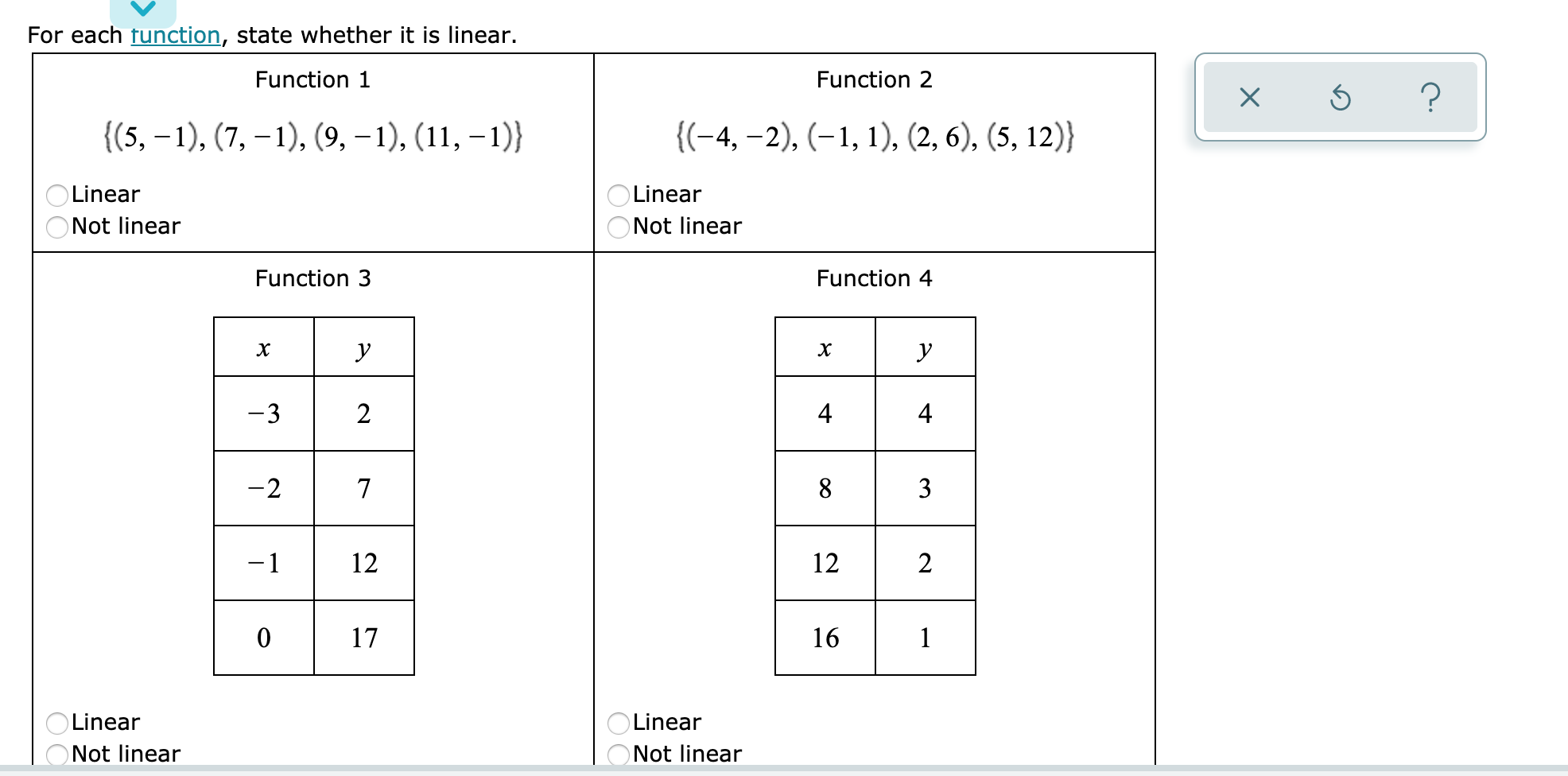 Solved For each function, state whether it is linear. | Chegg.com