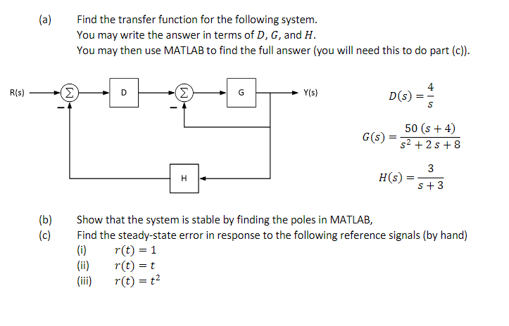 Find the transfer function for the following system. | Chegg.com