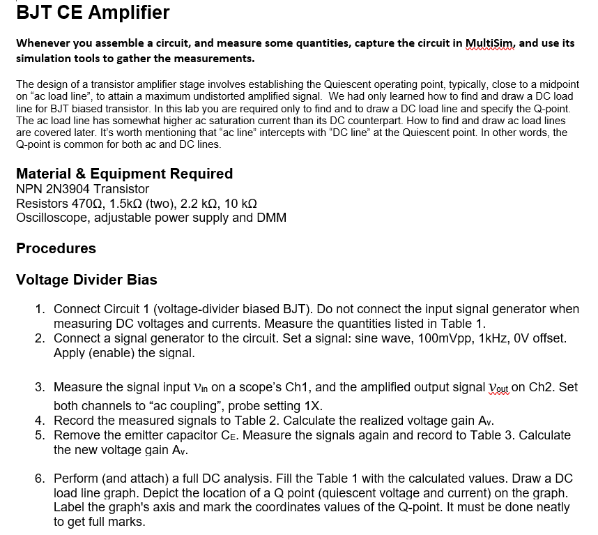 Solved BJT CE Amplifier Whenever you assemble a circuit, and | Chegg.com