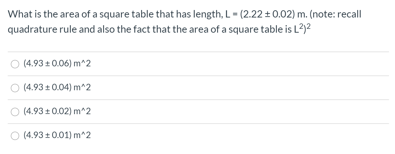 Solved What is the area of a square table that has length, L | Chegg.com