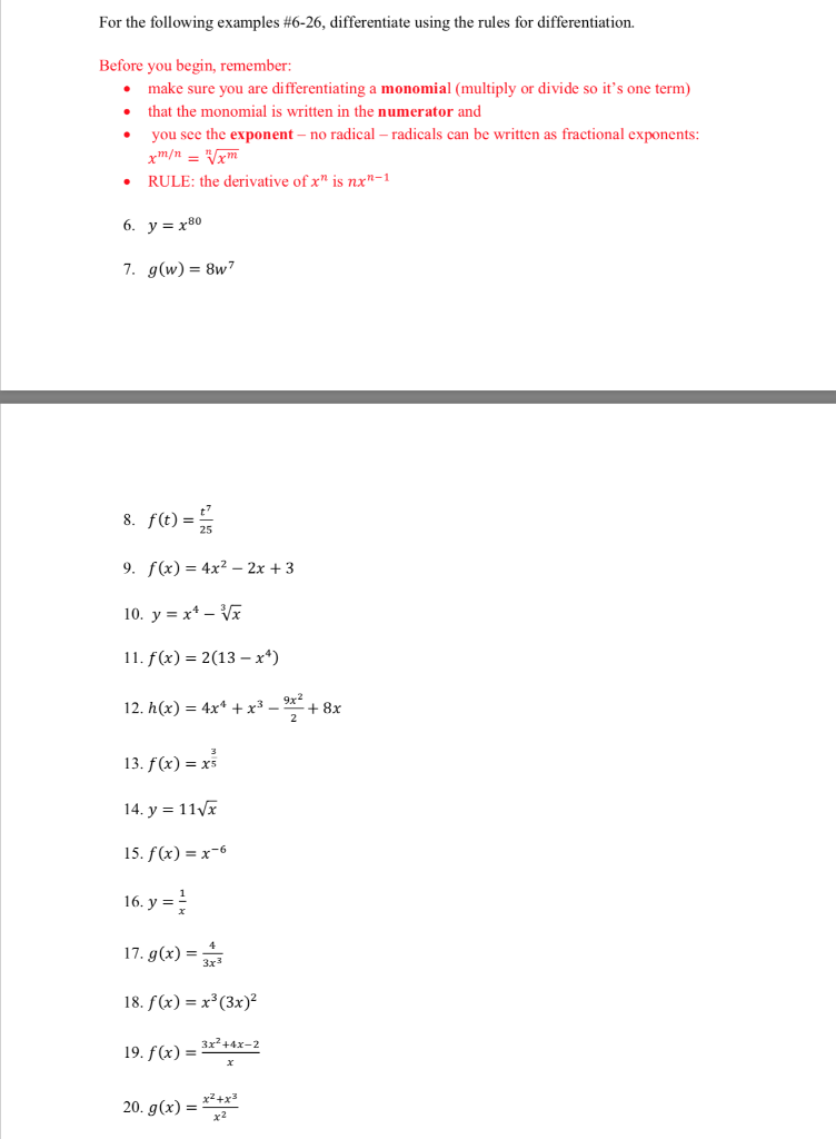 Solved For the following examples #6-26, differentiate using | Chegg.com
