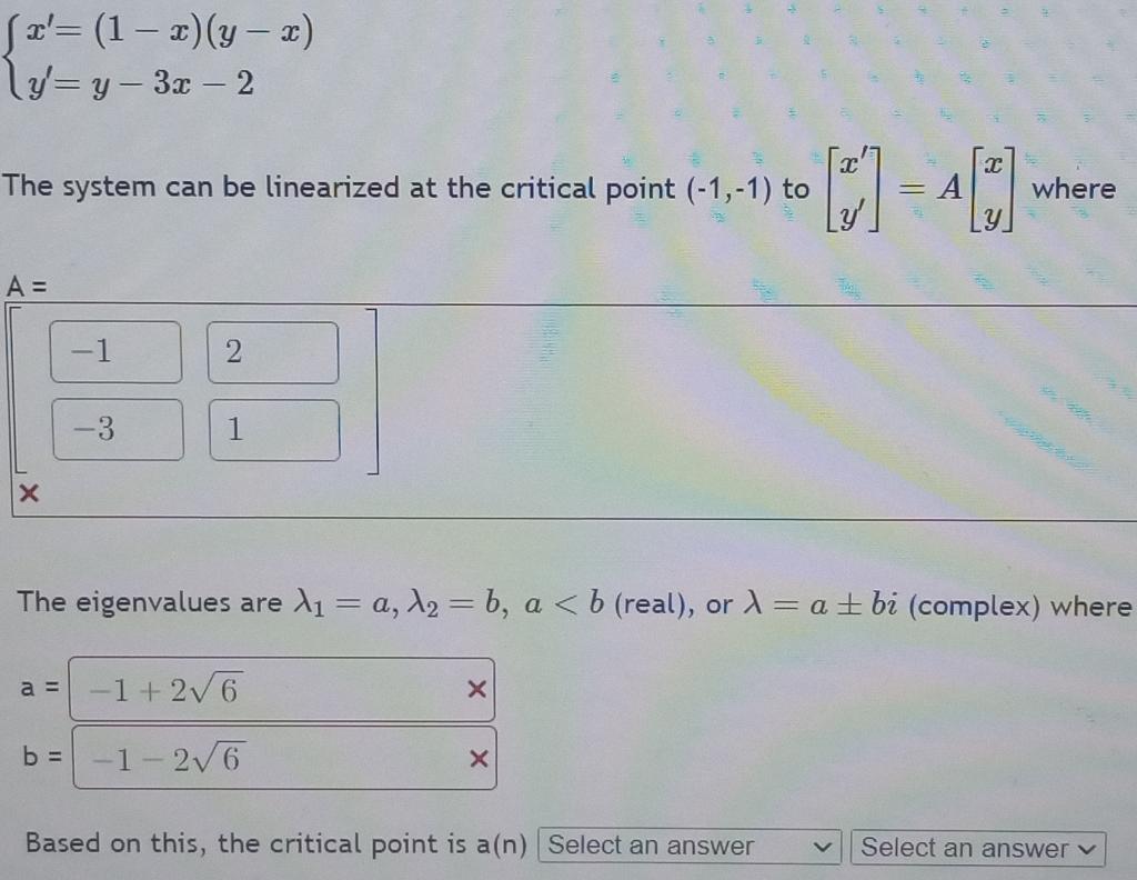 Solved {x′=(1−x)(y−x)y′=y−3x−2 The system can be linearized | Chegg.com
