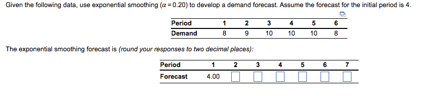 Solved Given the following data, use exponential smoothing | Chegg.com