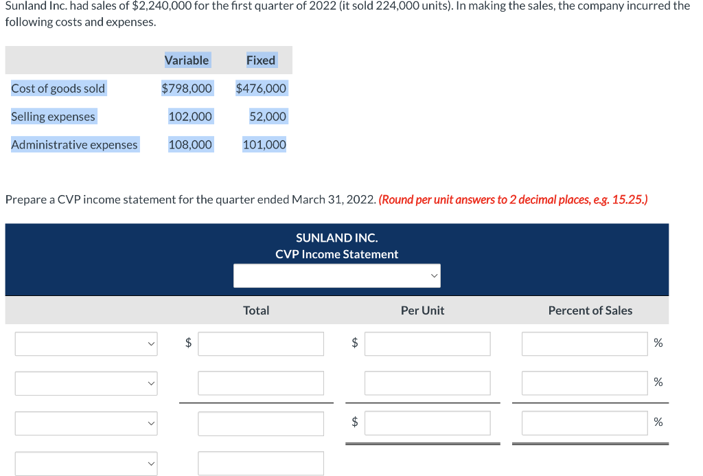 Solved Sunland Inc Had Sales Of 2 240 000 For The First Chegg