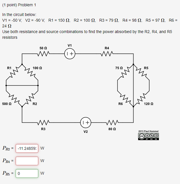 Solved (1 point) Problem 1 In the circuit below: V1 = -50 V, | Chegg.com