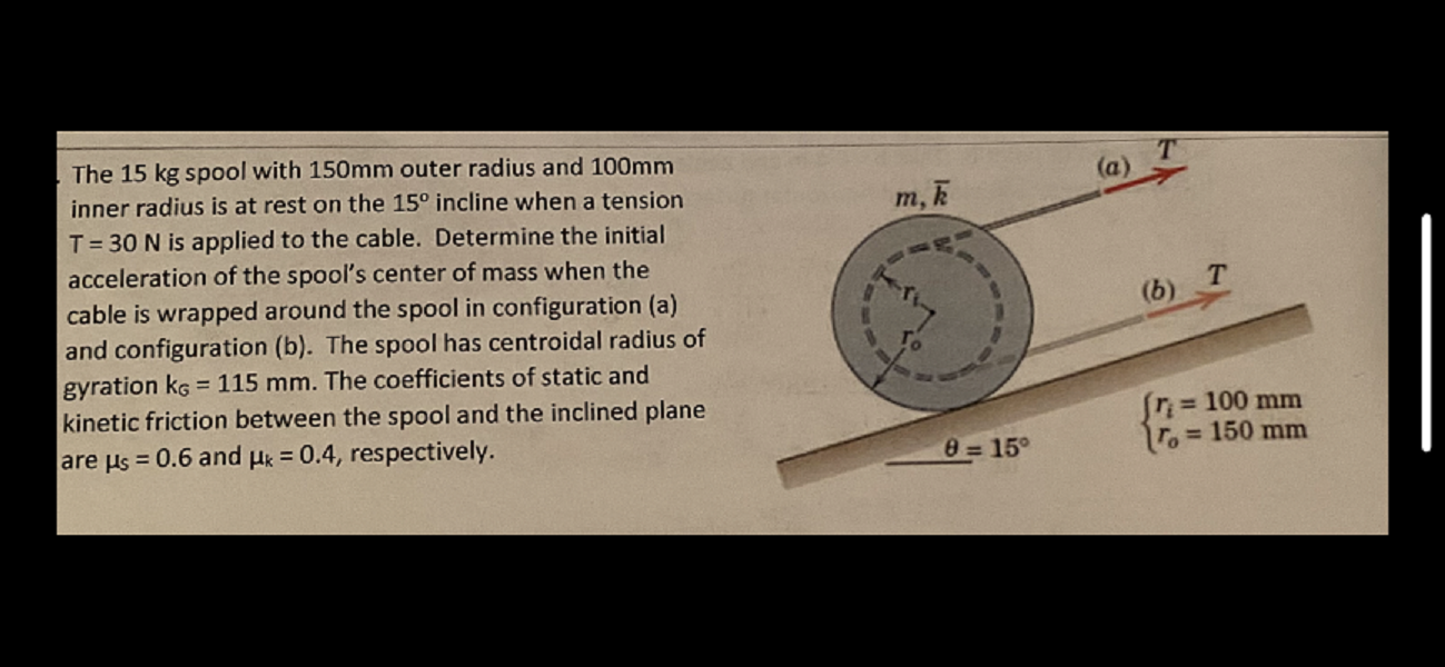Solved The 15 kg spool with 150 mm outer radius and 100 mm | Chegg.com