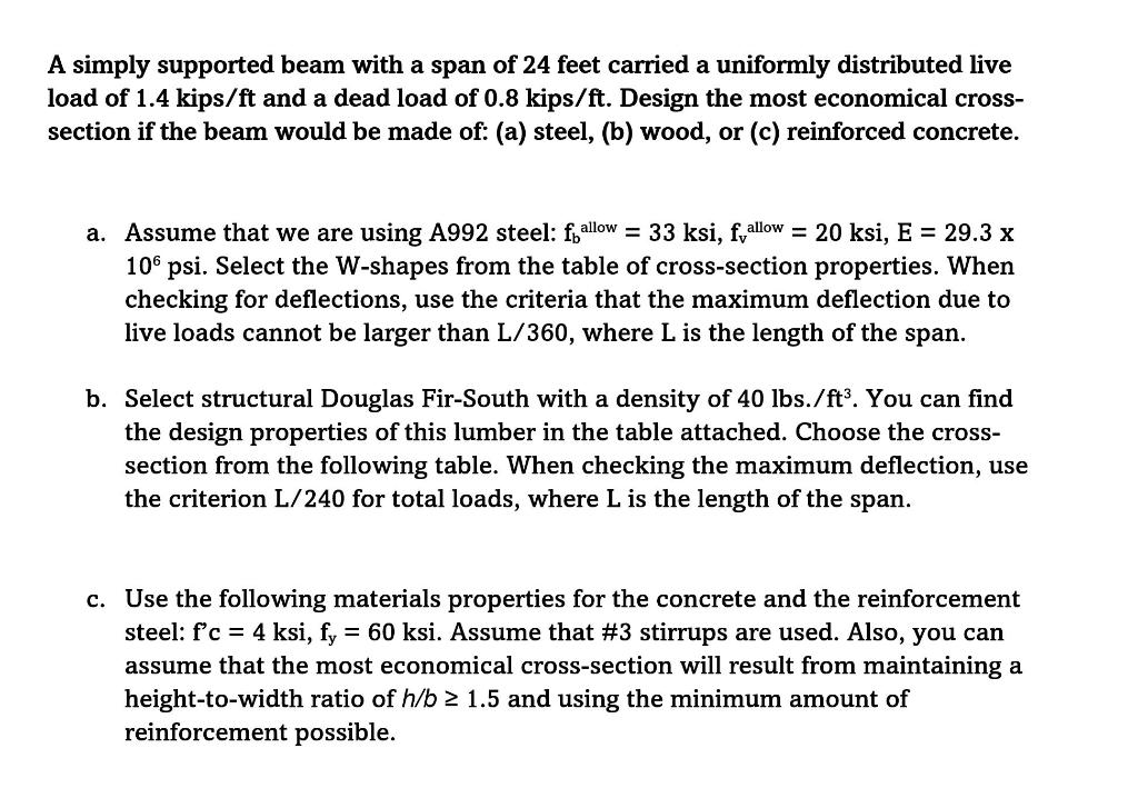 Solved A simply supported beam with a span of 24 feet | Chegg.com