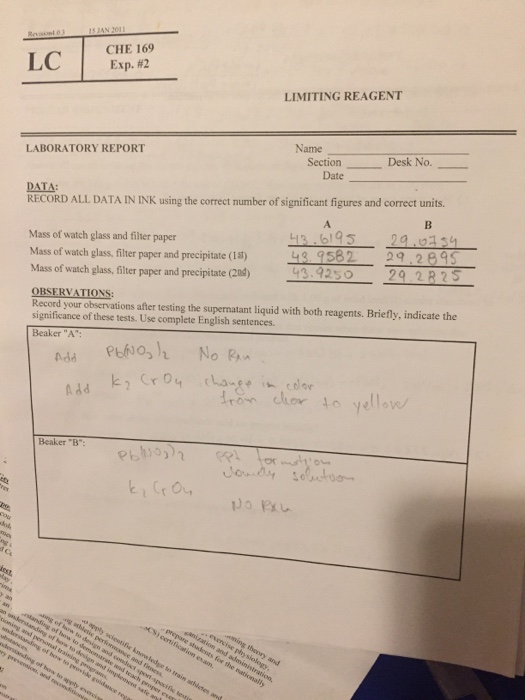 , 09 CHE 169 Exp. #2 LIMITING REAGENT LABORATORY | Chegg.com