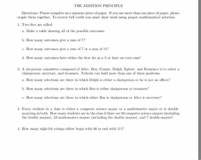 Solved THE ADDITION PRINCIPLE Directions: Please complete on | Chegg.com
