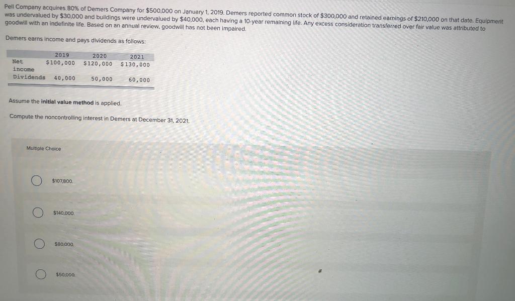 Pell Company acquires 80% of Demers Company for | Chegg.com