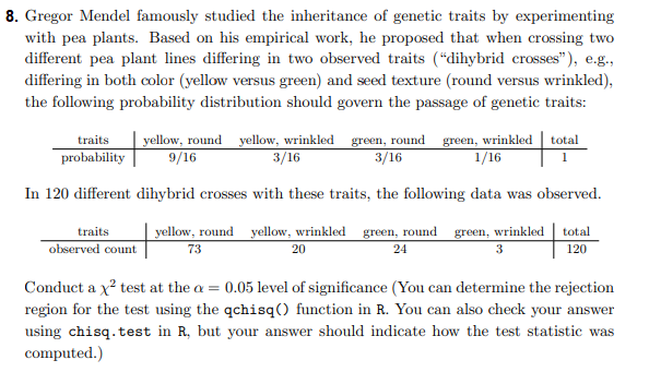 Solved 8. Gregor Mendel famously studied the inheritance of | Chegg.com