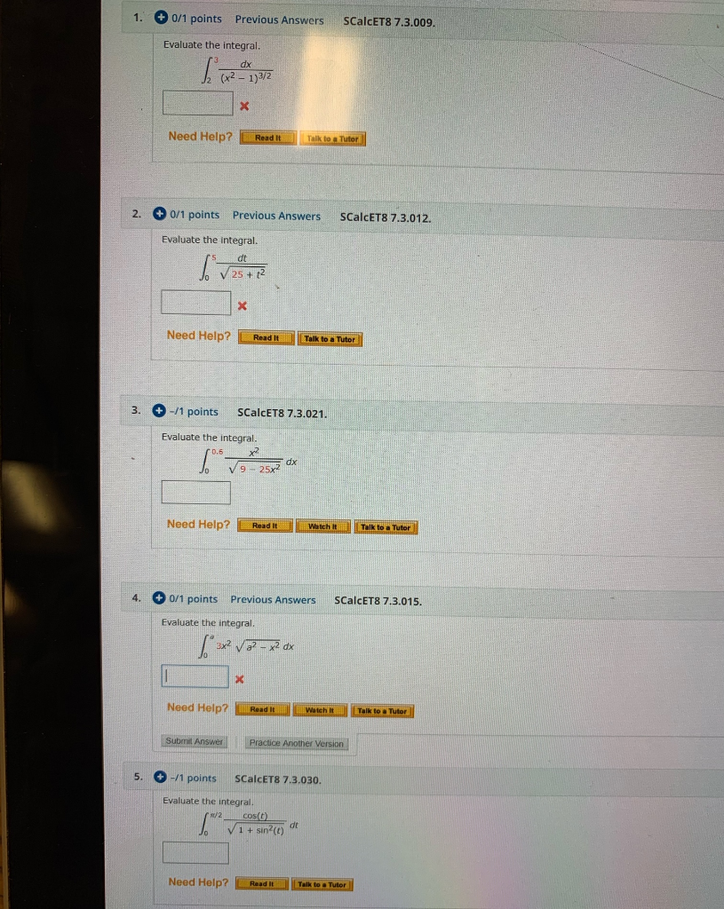Solved 0/1 points Previous Answers sCalcET8 7.3.009. | Chegg.com