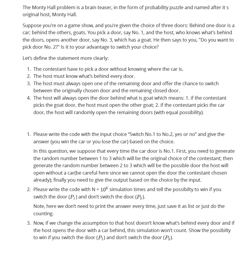 Solved The Monty Hall problem is a brain teaser, in the form | Chegg.com