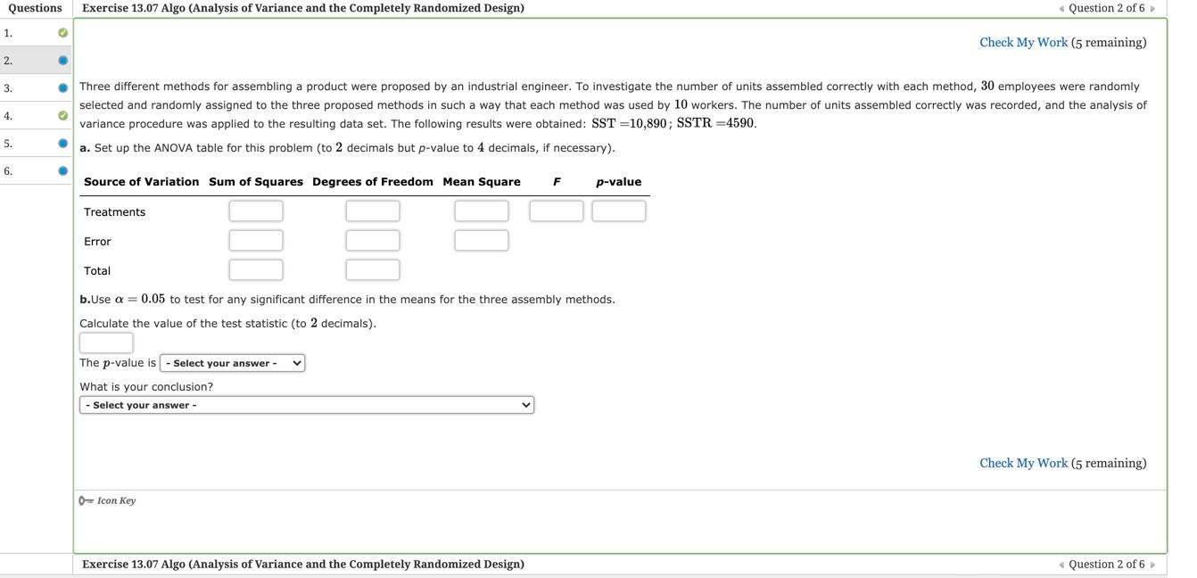 Solved Questions Exercise 13.07 Algo (Analysis of Variance | Chegg.com