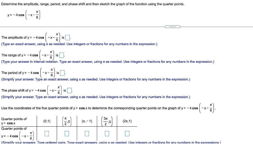 Solved Determine the amplitude, range, period, and phase | Chegg.com