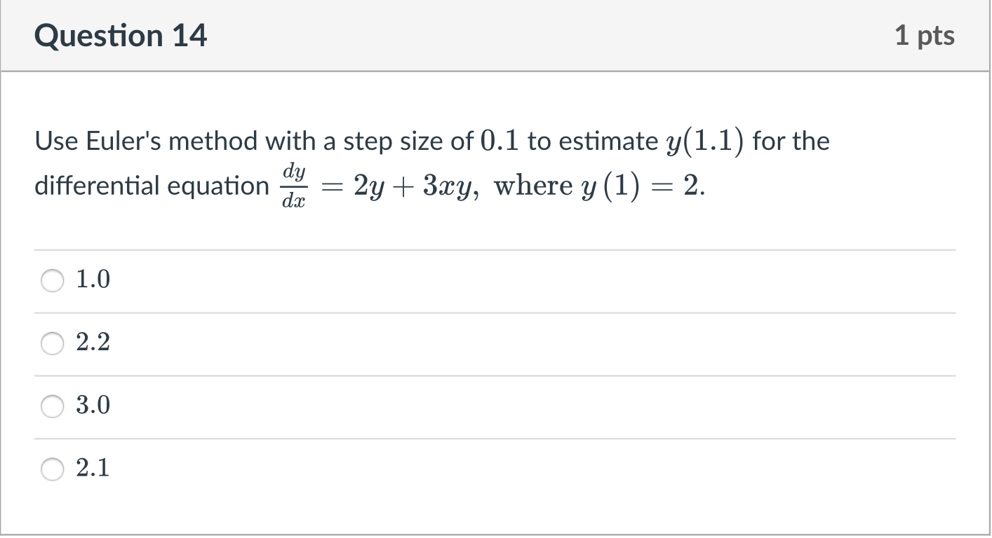 Solved Question 14 1 pts Use Euler's method with a step size | Chegg.com