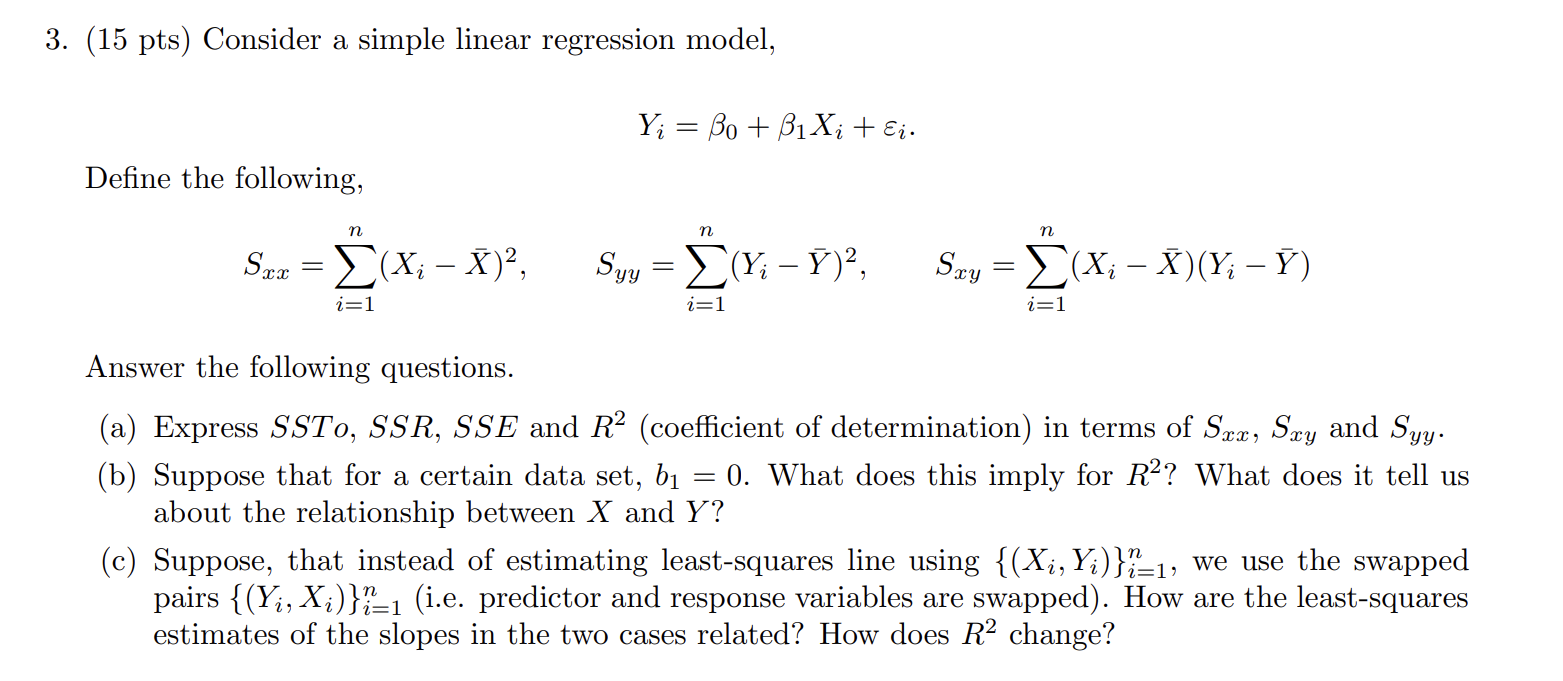 Solved 3. (15 pts) Consider a simple linear regression | Chegg.com