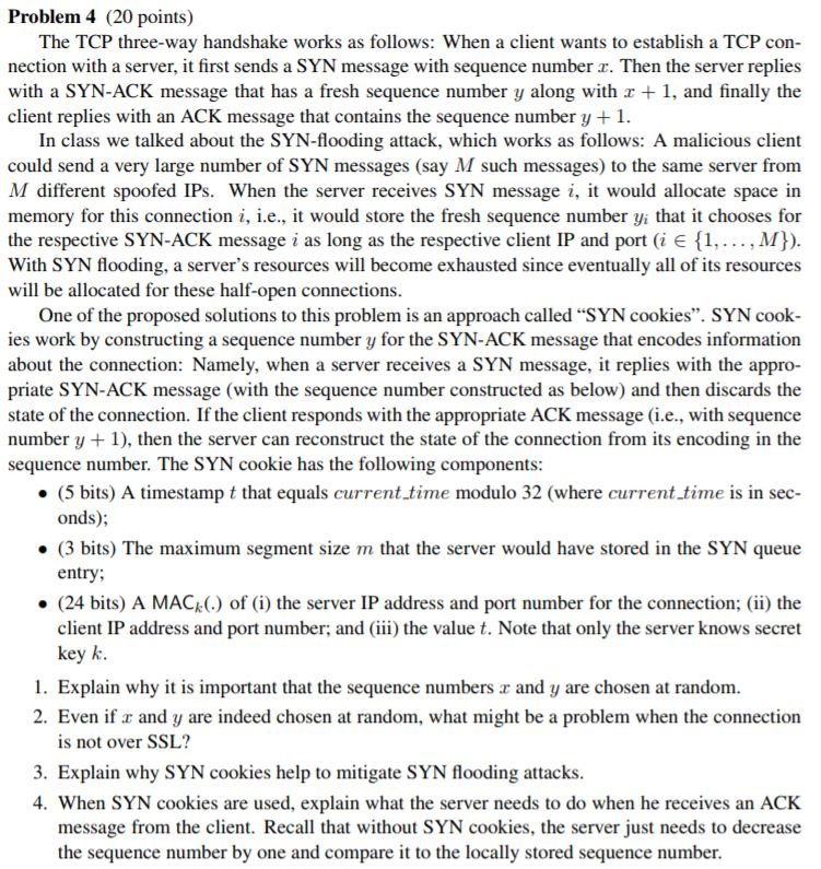 Solved Problem 4 (20 points) The TCP three-way handshake | Chegg.com