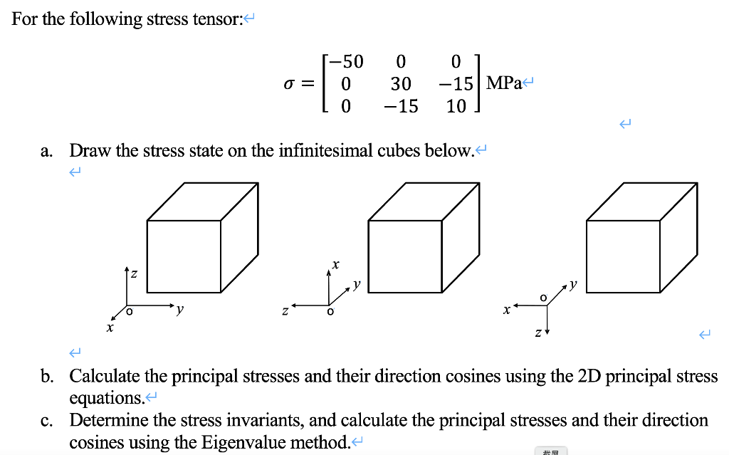 Solved For the following stress tensor:- -50 = 0 0 0 30 -15 | Chegg.com