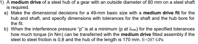 Solved 1) A medium drive of a steel hub of a gear with an | Chegg.com