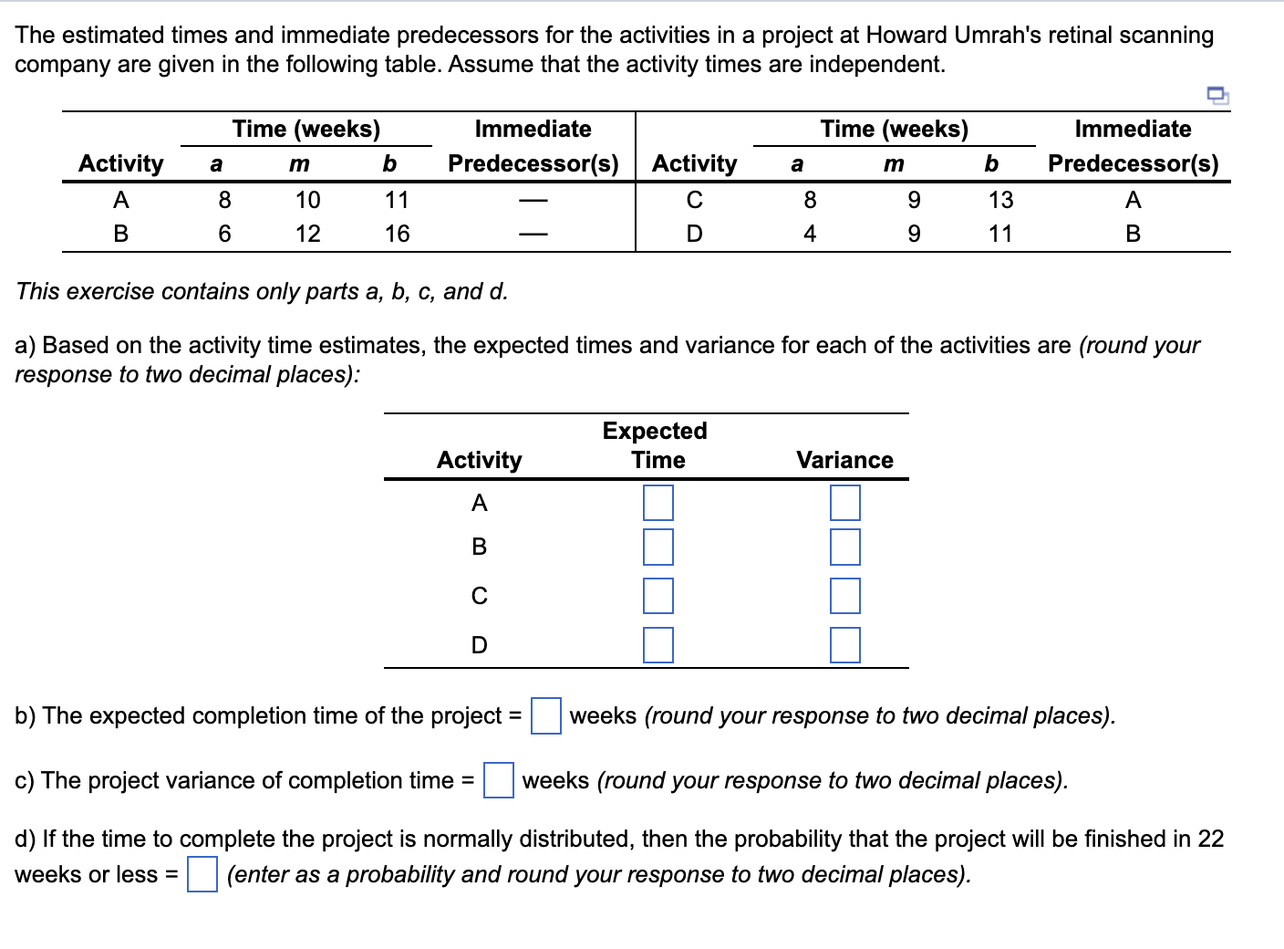 Solved The estimated times and immediate predecessors for | Chegg.com