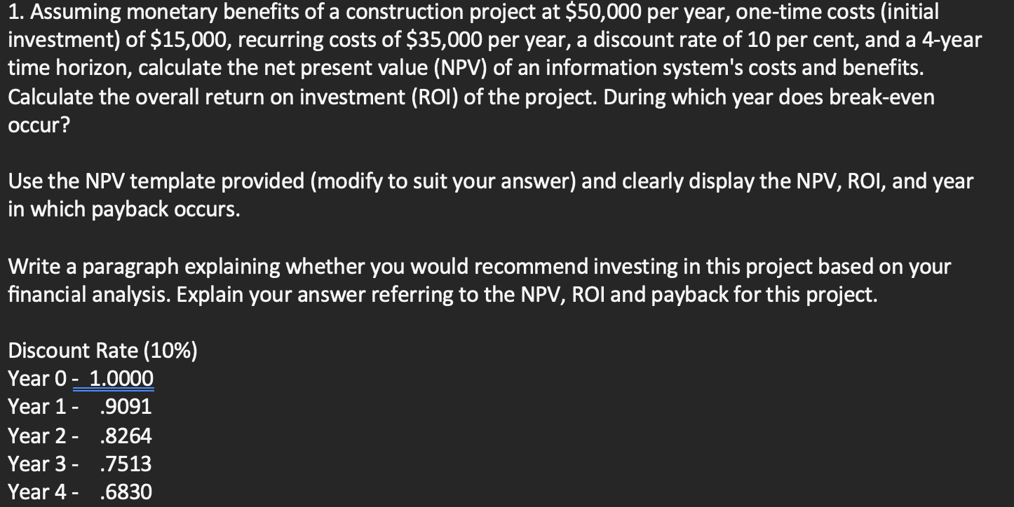 Solved NPV Discount Factor 8% Year 1 2 3 4 Benefits PV | Chegg.com