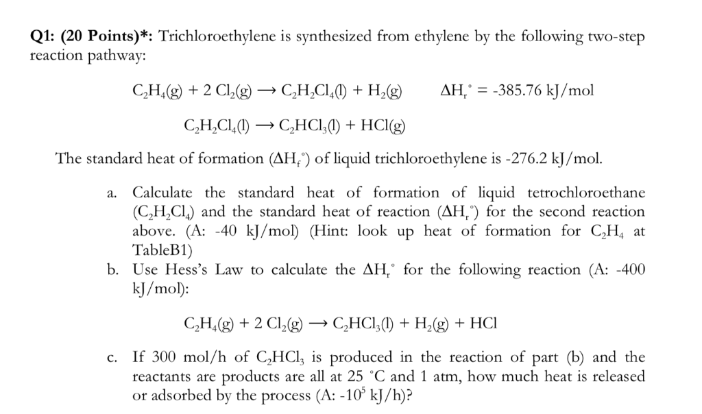 1: (20 Points)*: Trichloroethylene is synthesized | Chegg.com