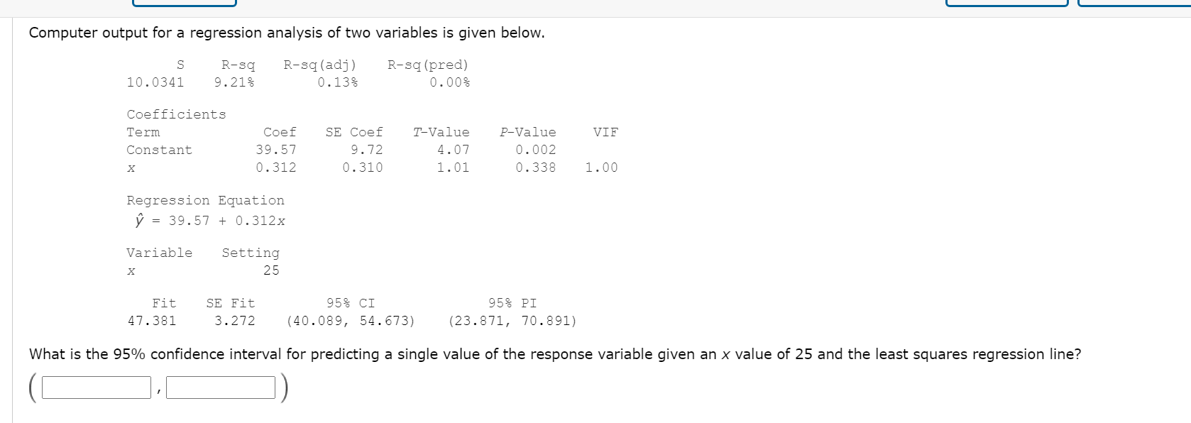 Solved Computer output for a regression analysis of two | Chegg.com
