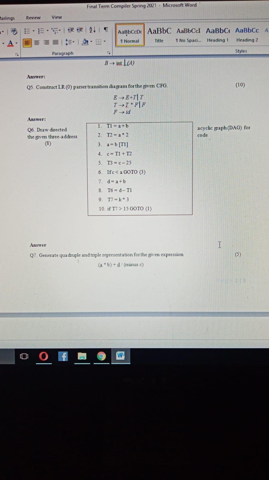 Solved Final Term Compiler Spring 2021 - Microsoft Word | Chegg.com