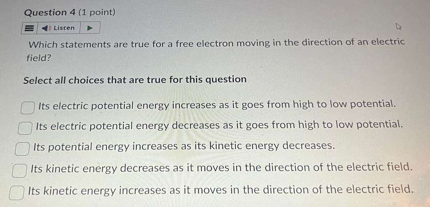 Solved Which statements are true for a free electron moving | Chegg.com