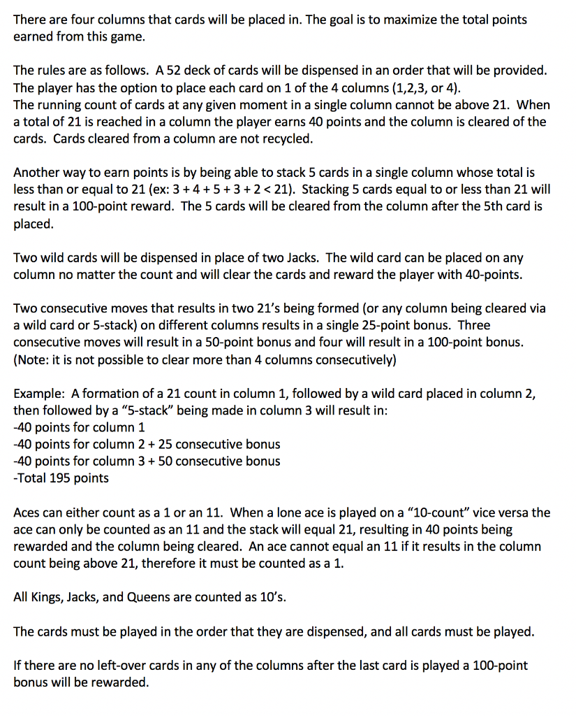 There are four columns that cards will be placed in. | Chegg.com