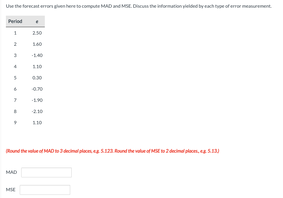 Use the forecast errors given here to compute MAD and | Chegg.com
