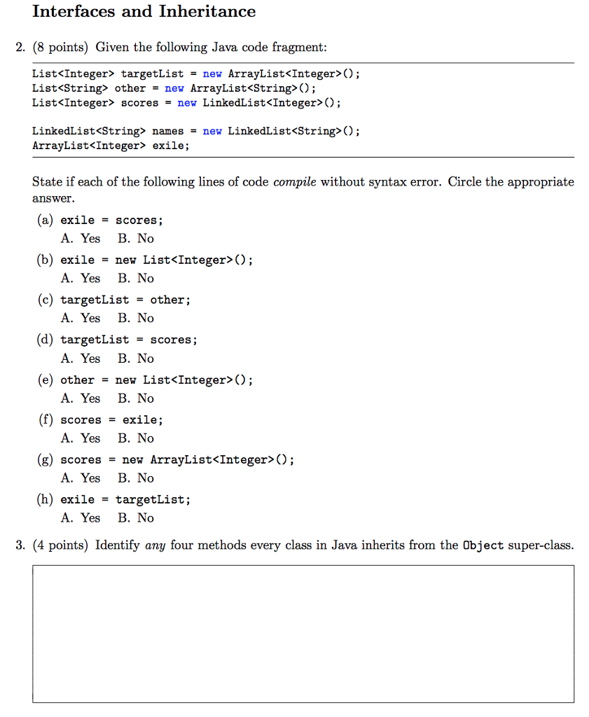 Solved Interfaces andInheritance 2. (8 points) Given the | Chegg.com