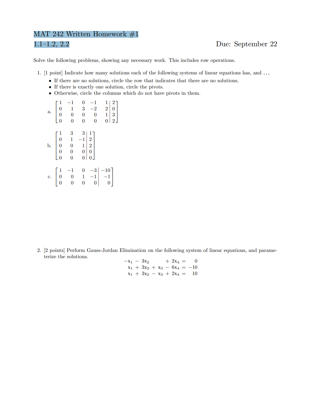Solved 1.1−1.2,2.2 Due: September 22 Solve the following | Chegg.com